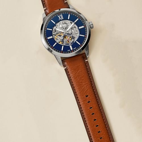 Fossil Men's Townsman Automatic Stainless Steel and Leather Three-Hand Skeleton Watch, Color: Silver, Luggage (Model: ME3154)