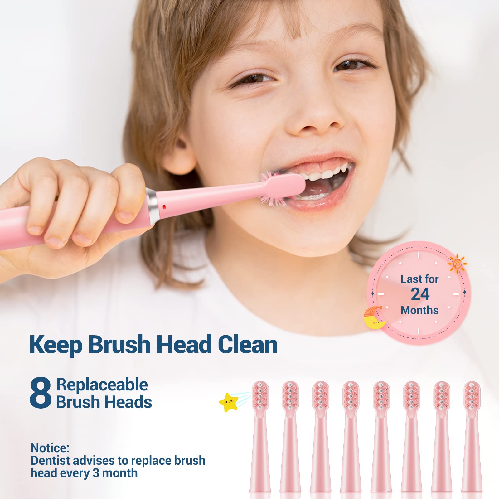 TRVLAEWOR Sonic Electric Toothbrush for Kids and Adults, UltraSonic Motor, 8 Brush Heads, 5 Modes, 3 Hours Fast Charge for 60 Days, Smart Timer, Electric Toothbrushes, Pink