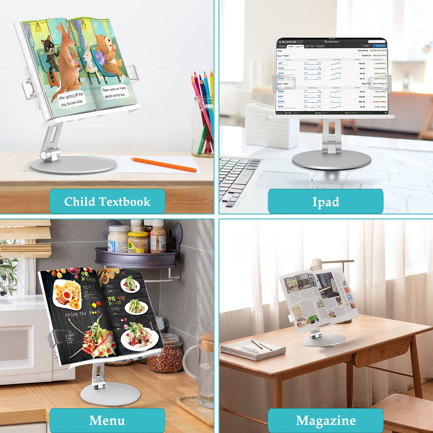 Gearking Book Stand for Reading 360° Rotate Adjustable Book Holder Multi Heights Angles Adjustable Cooking Bookstands for Child Textbook/Recipe/Magazine/Ipad