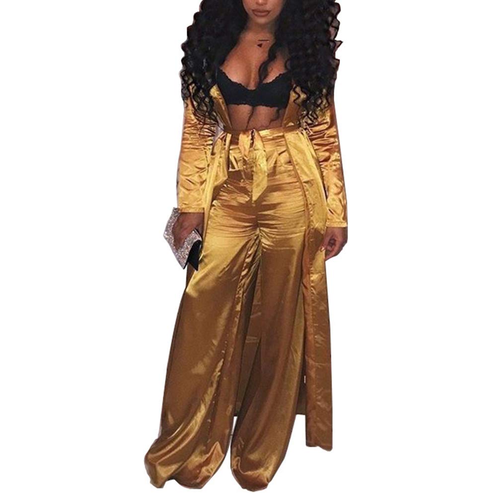 ECHOINE Womens 2 Piece Outfits Satin Silk Open Front Cardigan kimono Cover-Up with Wide Leg Long Pants Set GOLD XXL