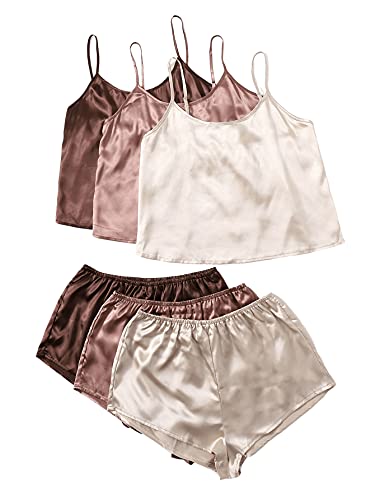 SheIn Women's 3 Sets Satin Pajama Set Sleeveless Crop Cami and Elastic Waist Shorts Sleepwear Lounge Set Black X-Large