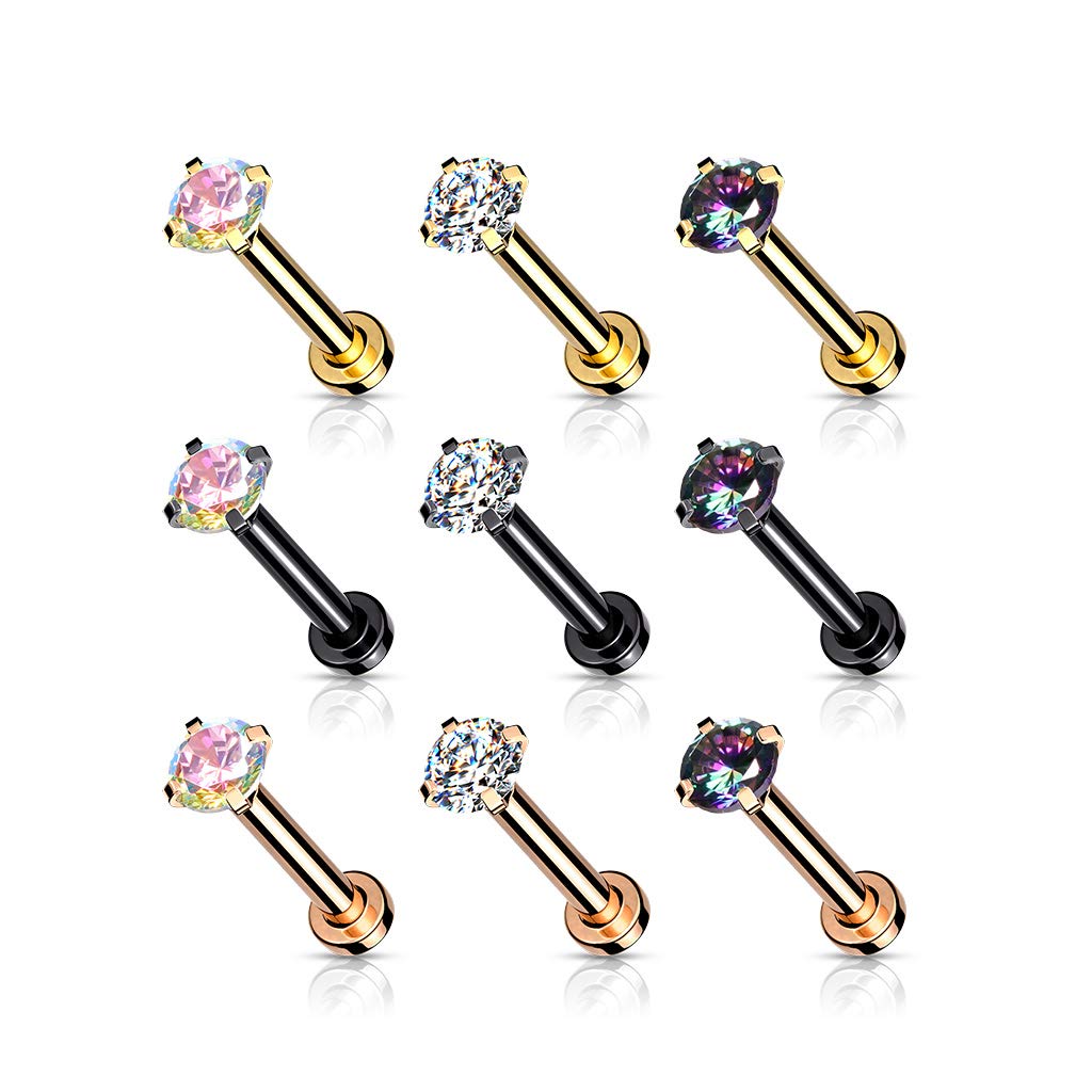 Dynamique CZ Prong Set Top Internally Threaded PVD Over Micro Base 316L Surgical Steel Labret, Flat Back Studs For Lip, Chin And Nose (Sold Per Piece)