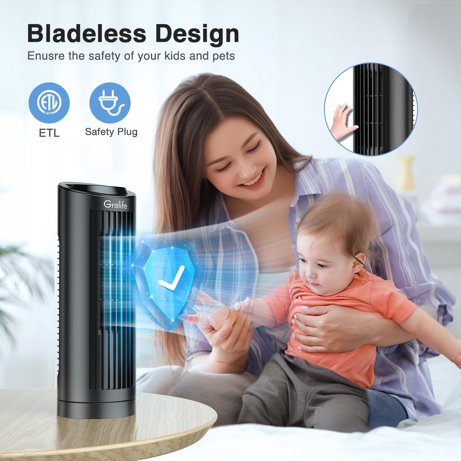 Grelife 13" Bladeless Tower Fan with 70° Oscillation, 3 Speeds, 4 Wind Modes, Touch Control & Remote, 12-Hour Timer, Compact Cooling Fan for Home Office Bedroom