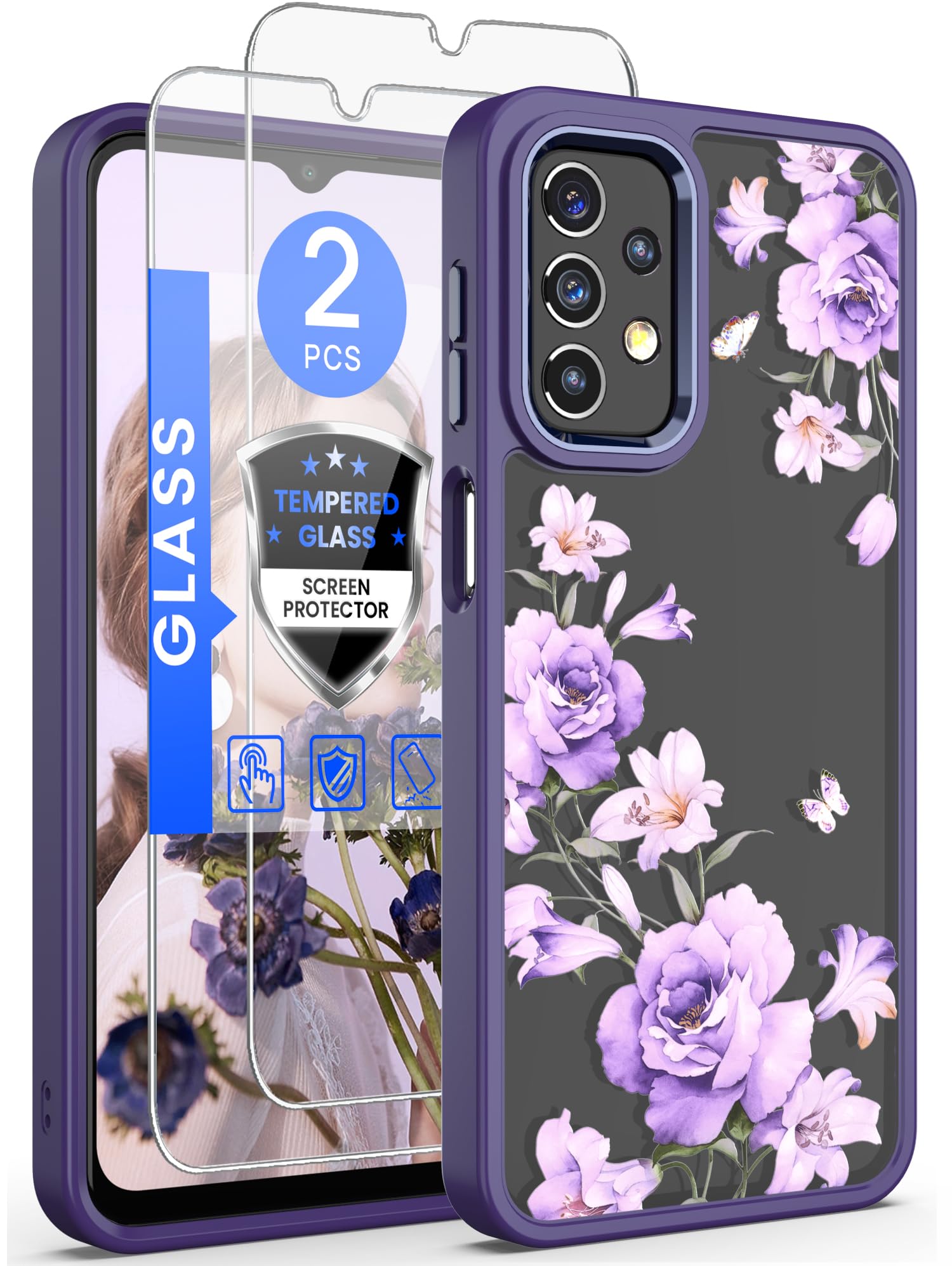 Dretal for Samsung A23 4G/ 5G Case, Galaxy A23 Case Tempered Glass Screen Protector,Military Grade Drop Tested Hard Back & Soft Edge Slim Flower Women Girls Phone Protective Cover(Deep Purple)