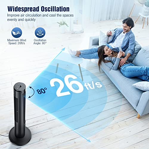 Grelife 42" Bladeless Tower Fan with 70° Oscillation, Touch Screen and Remote Control, 3 Speeds, 4 Wind Modes, 12-Hour Timer - Compact Cooling for Home Office Bedroom