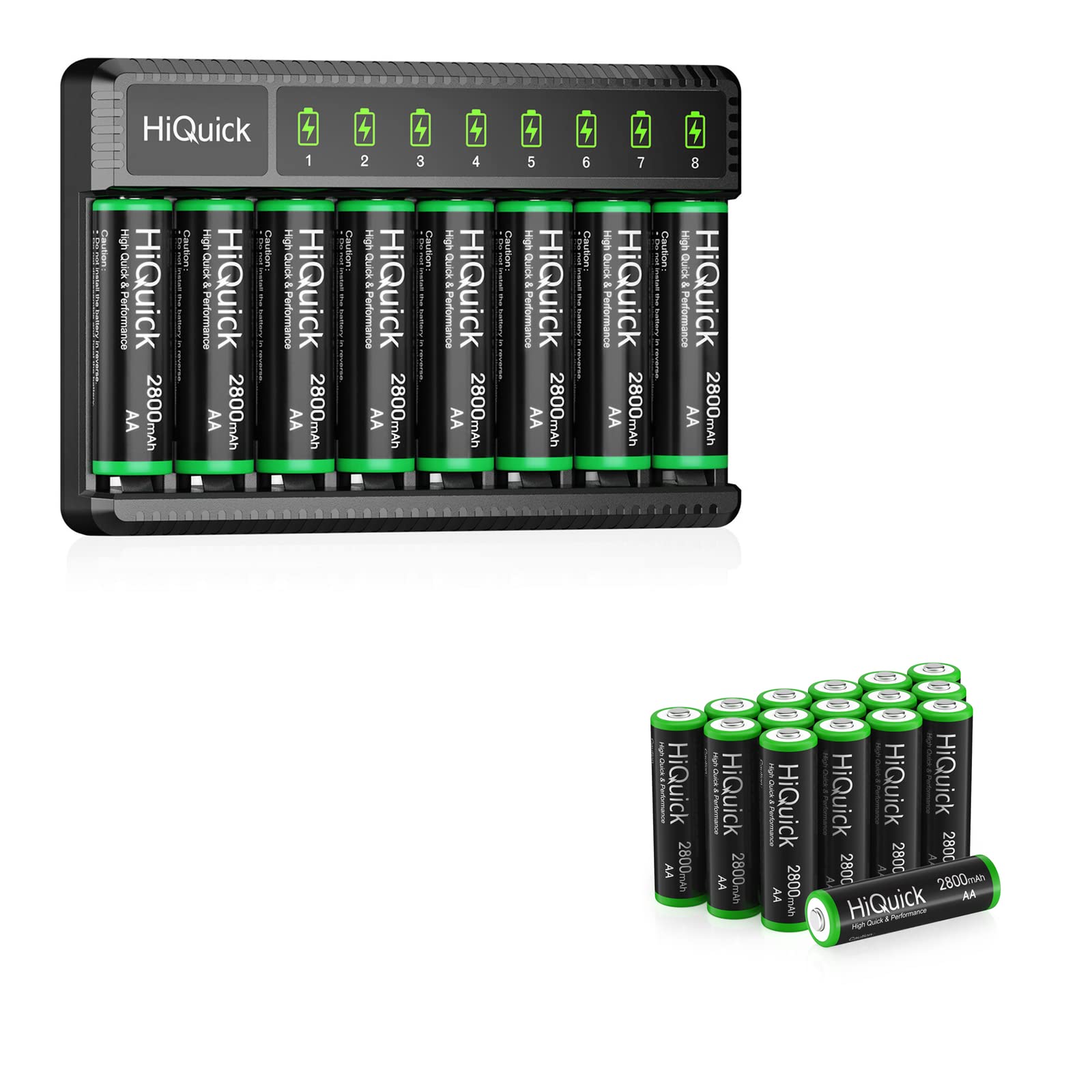 HiQuick 8 Bay Smart Battery Charger with 8 AA Battery + 16 Pack AA Rechargeable Batteries