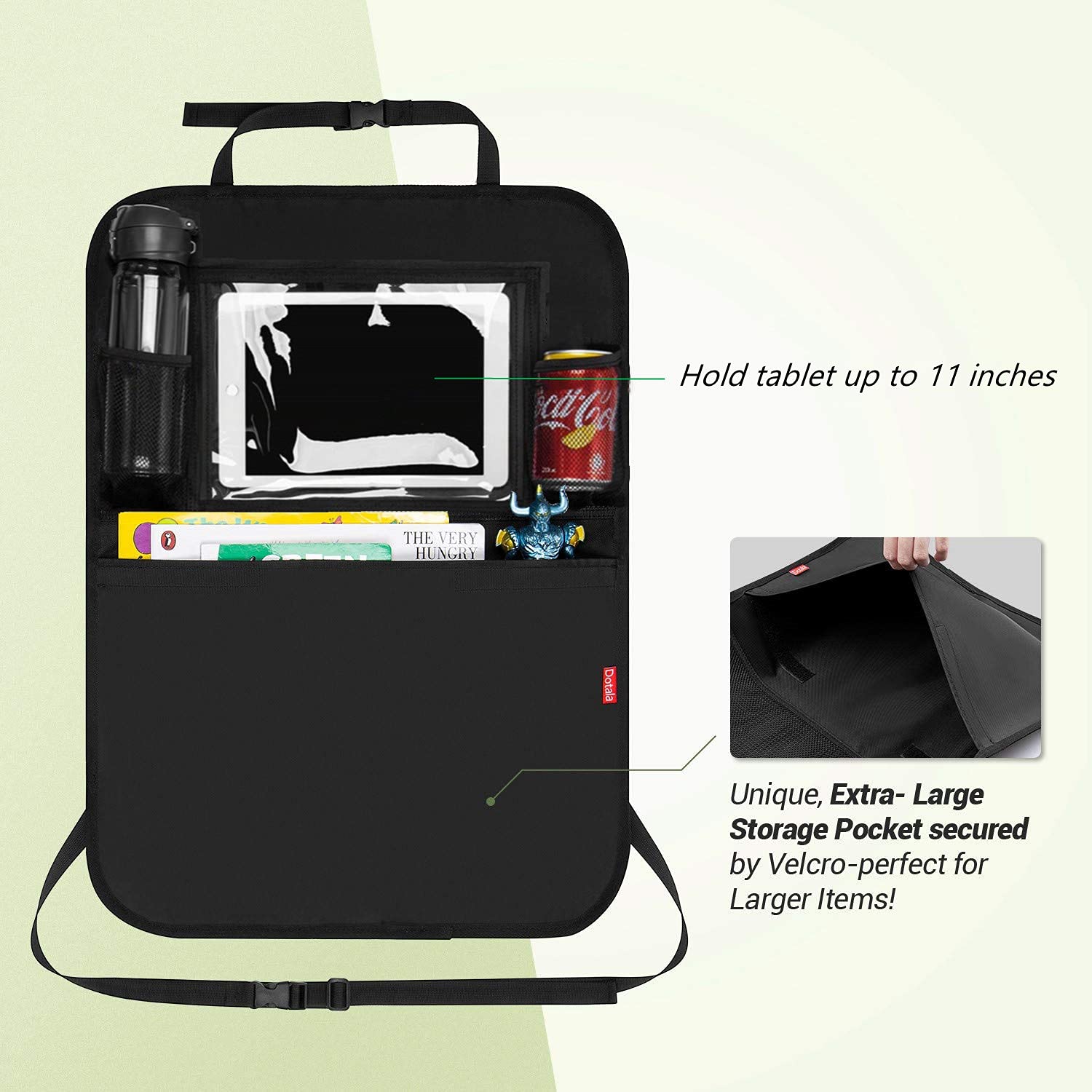 Dotala Kick Mats with Car Back seat Organizer,XL Storage Pocket - 2 Pack with Clear 11"Tablet Holder - Premium XL Protector for Kids Toy Bottle Drink Vehicles Travel (black)