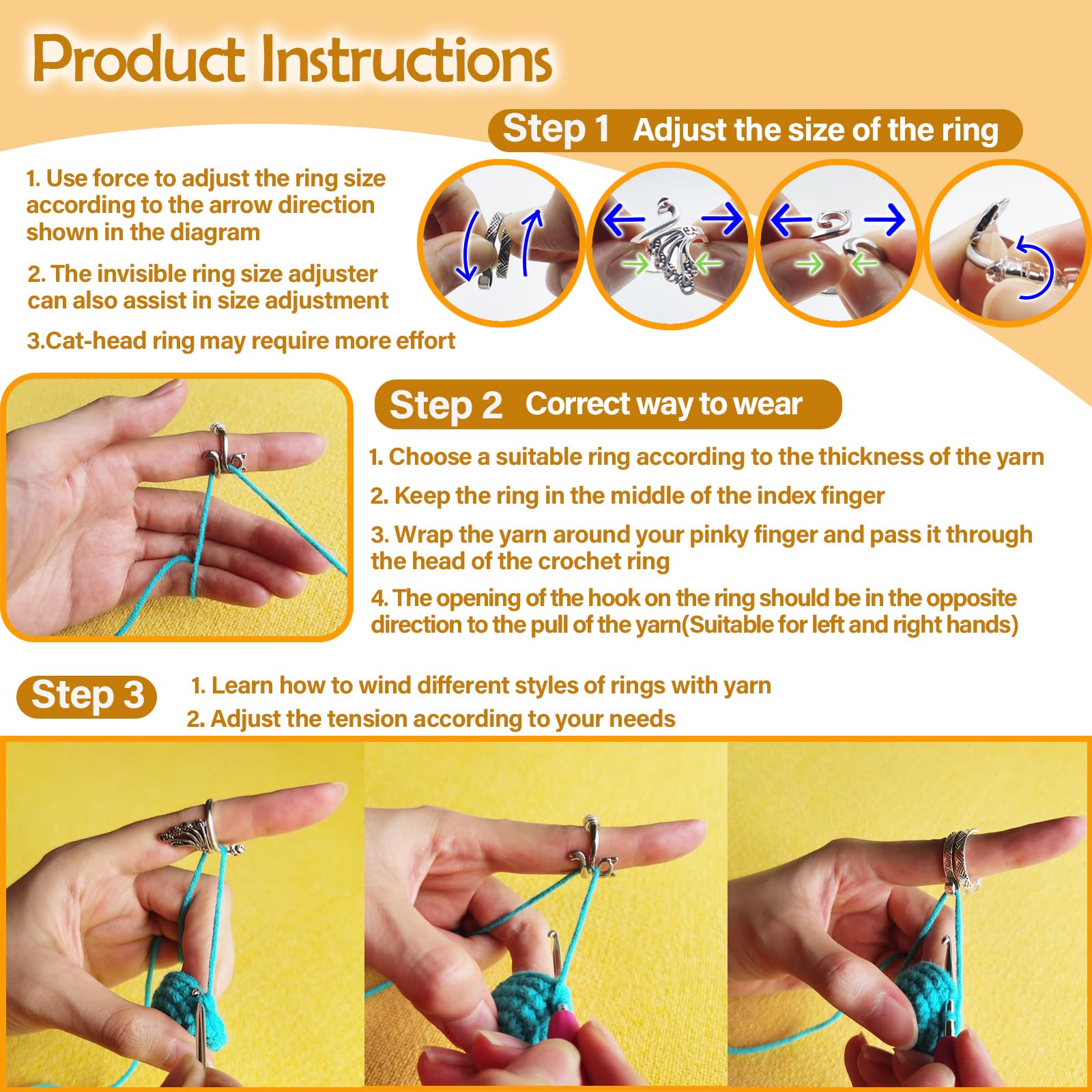 EACTEL 6 Pack Adjustable Crochet Ring for Finger Yarn Guide, Peacock Cat Vintage Knitting Crochet Rings for Tension, Crochet Finger Yarn Tension Ring