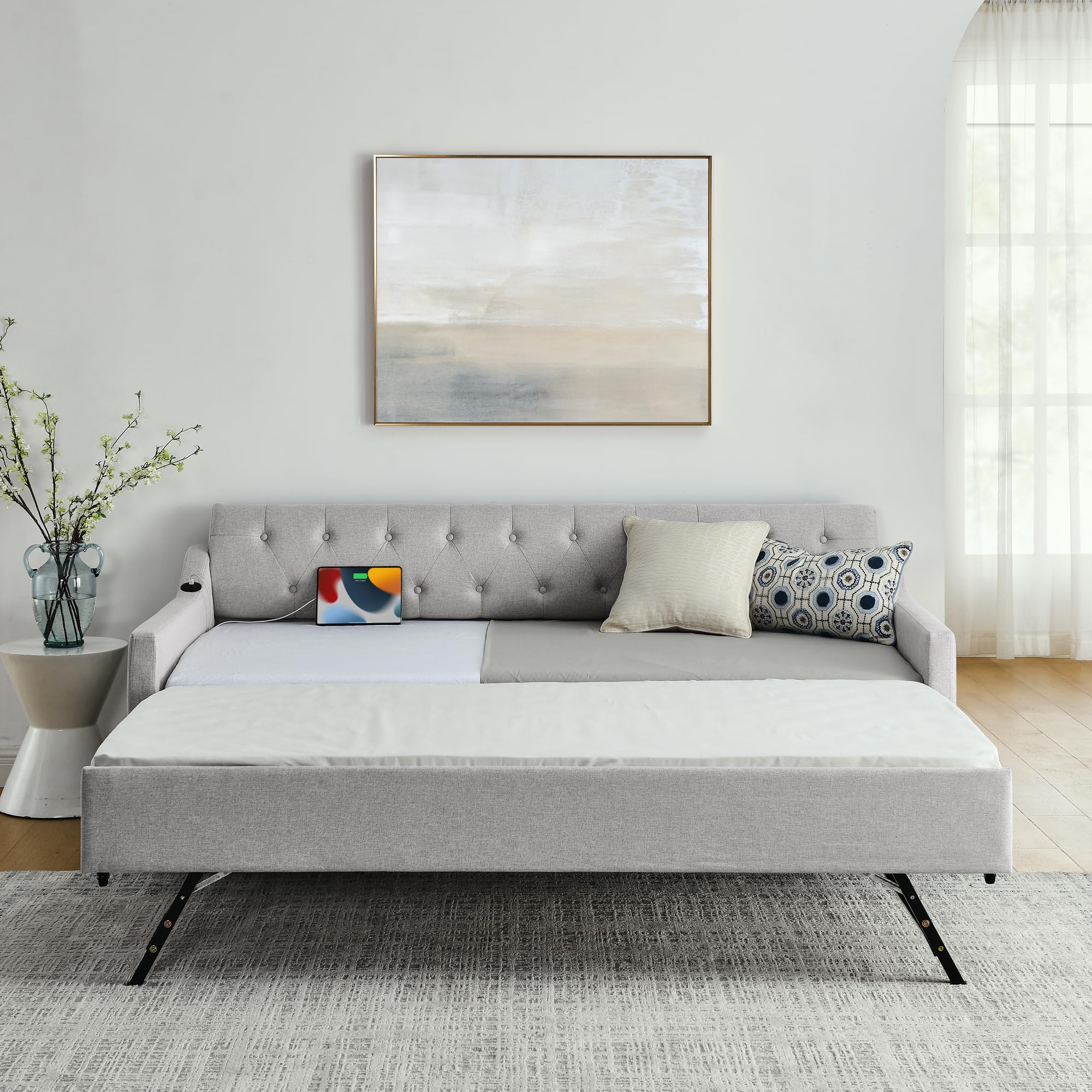LUSPAZ Twin Size Upholstery Daybed with Trundle and USB Charging Design, Twin to King Design Mid-Century Extendable Sofa Bed, Easy Assembly, No Box Spring Required, for Living Room and Bedroom, Beige