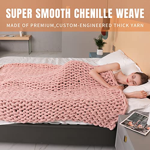 QQP Chunky Knit Throw Blanket,Hand Made with Jumbo Chenille Yarn Crochet Blanket,Super Cozy and Soft Chunky Knitted Throw Blanket for Sleep&Home Decor.(40x40In Dusty Pink)