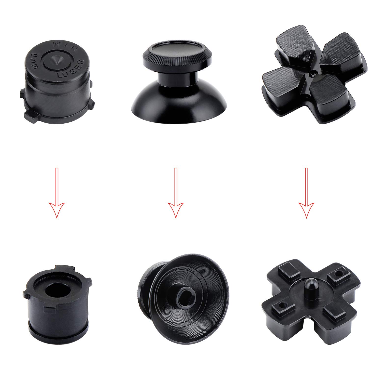 WiMas Aluminium Button Hats Thumb Grip Caps Bullet Buttons AXBY Button D-pad for PS4 7PCS (Black)