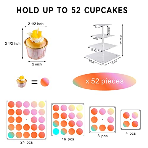 OLACHIKKO Cupcake Stand, 4-Tier Square Cupcake Holder with LED Light String, Acrylic Cupcake Tower Display-Dessert Tower-Pastry Stand-Cupcake Tier Stand for Wedding, Birthday Party (Colorful Light)