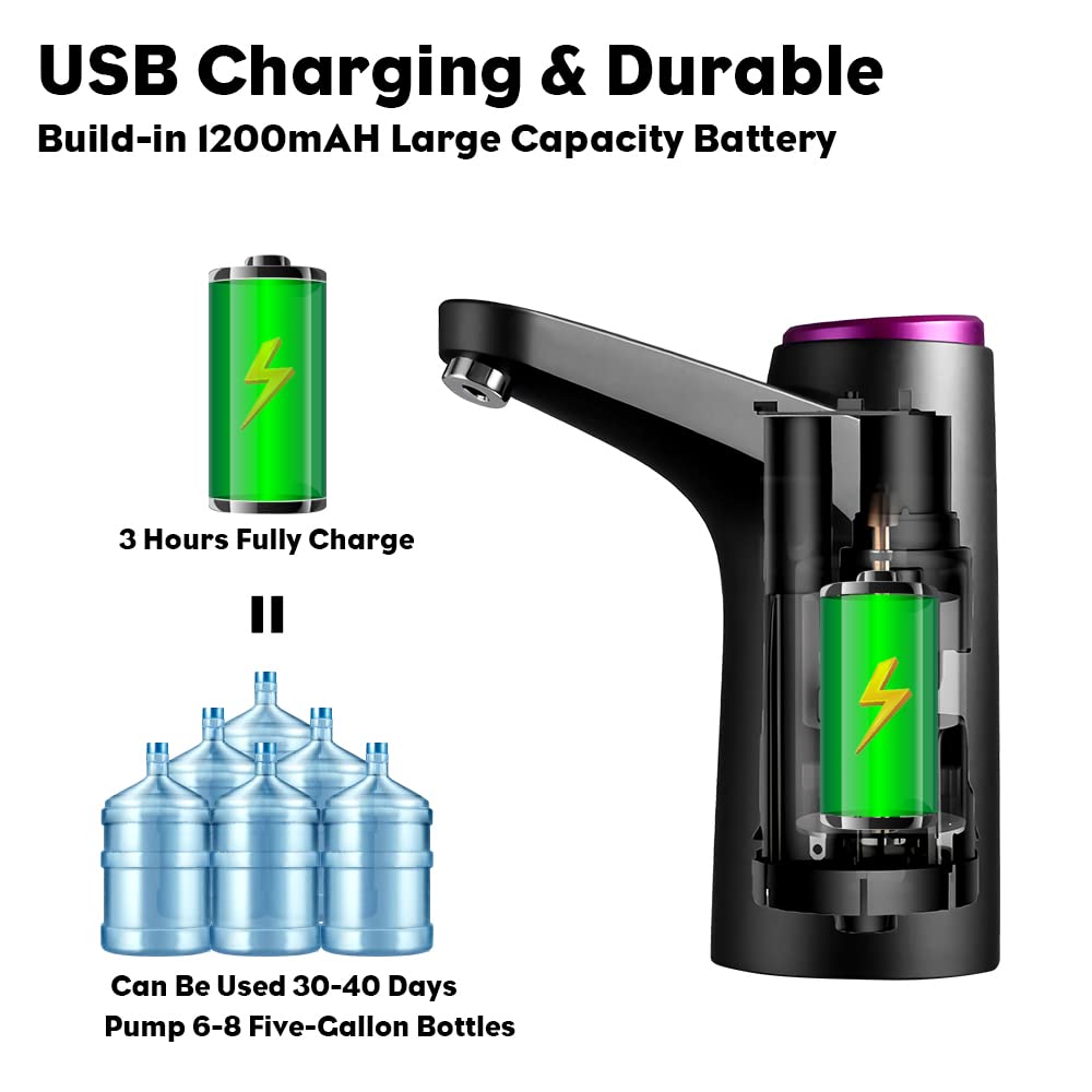 Enutogo Water Bottle Pump 5 Gallon Water Dispenser, Water Pump for 5 Gallon Jug USB Charging, Automatic Drinking Water Dispenser Pump, Portable Electric Water Dispenser for 2-5 Gallon Bottle, Black
