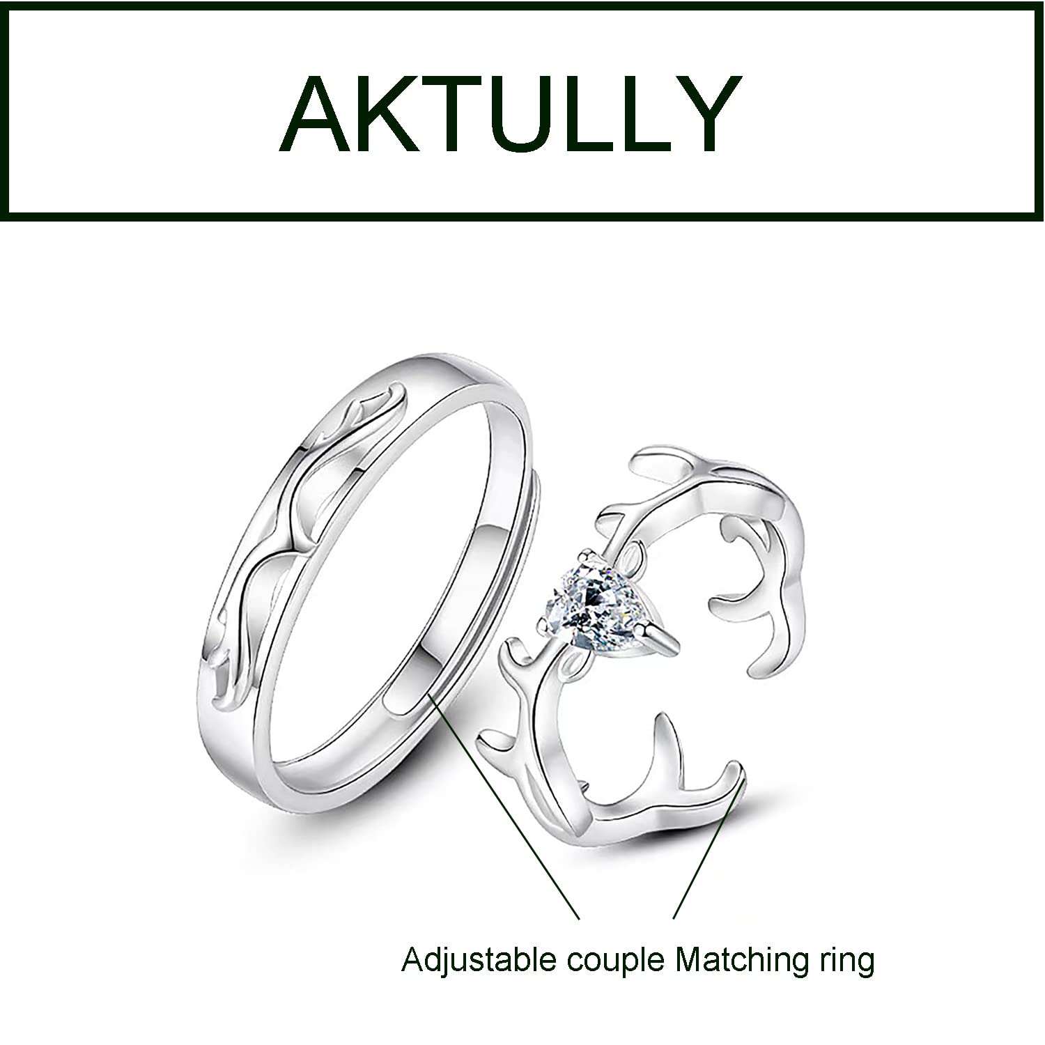 His Hers Couples Matching Rings Set Cute Silver Deer Antler Ring Dainty Cubic Zirconia Adjustable Matching Deer Antler Wedding Rings Endless Love Promise Ring Christmas Valentine's Day Gift for