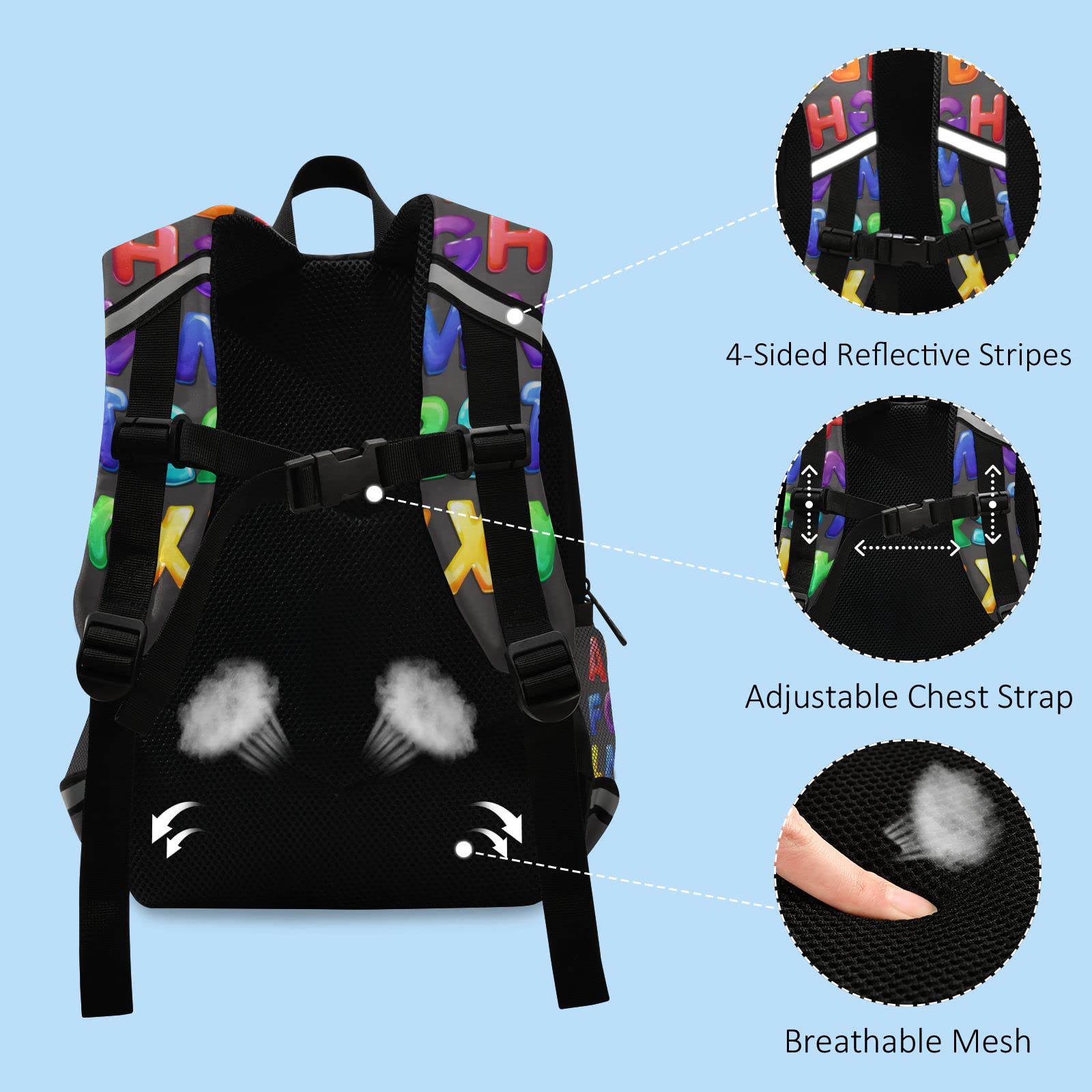 Glaphy Colorful Alphabet Kids Backpack for Boys Girls, Kindergarten Elementary Toddler Backpack with Reflective Stripes, Preschool Bookbag with Chest Strap