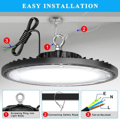 High Bay Light | 15000LM (100W) LED UFO Commercial Lights with US Plug 5' Cable, 6500K Super Bright LED Shop Lights, IP66 Warehouse Light, Area Light Fixture Shop Light for Garage Warehouse Workshop