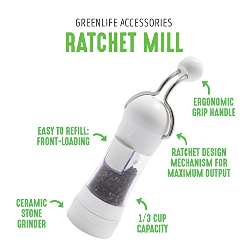 GreenLife Salt and Pepper Grinder Set, Mess-Free Ratchet Mill, Adjustable Coarseness and Easily Refillable, Black and White