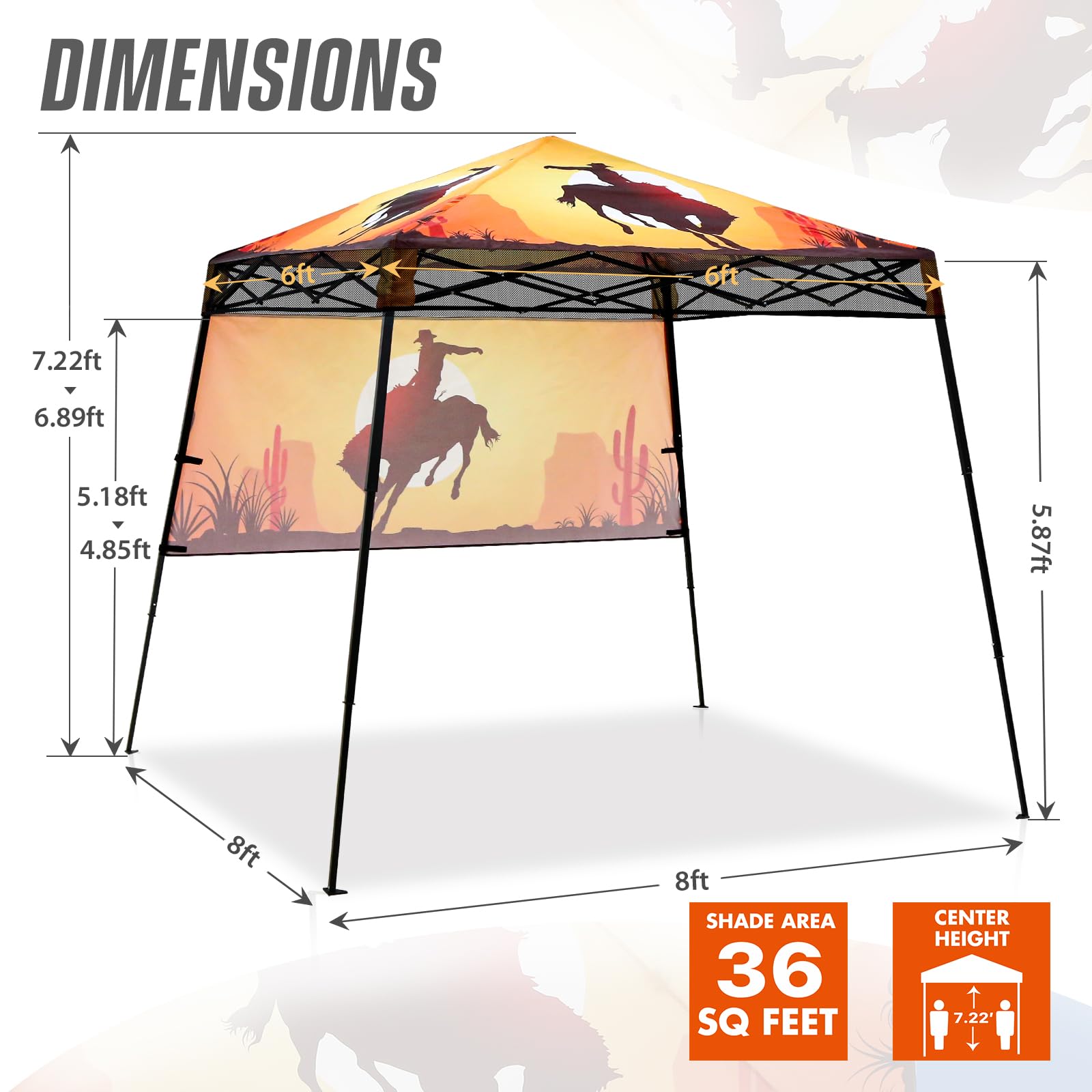 EAGLE PEAK 8x8 Pop Up Canopy Tent with Sidewall, Compact, Portable Slant Leg Instant Sun Shelter for Beach, Sports, & Camping, 8x8 Base 6x6 Top, Cowboy