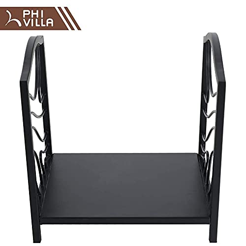 PHI VILLA 17 Inch Firewood Log Rack Bin Indoor/Outdoor Decor Steel Fireplace Wood Holder Storage Brackets Holder Wood Burning Stove Accessories, Black Wave