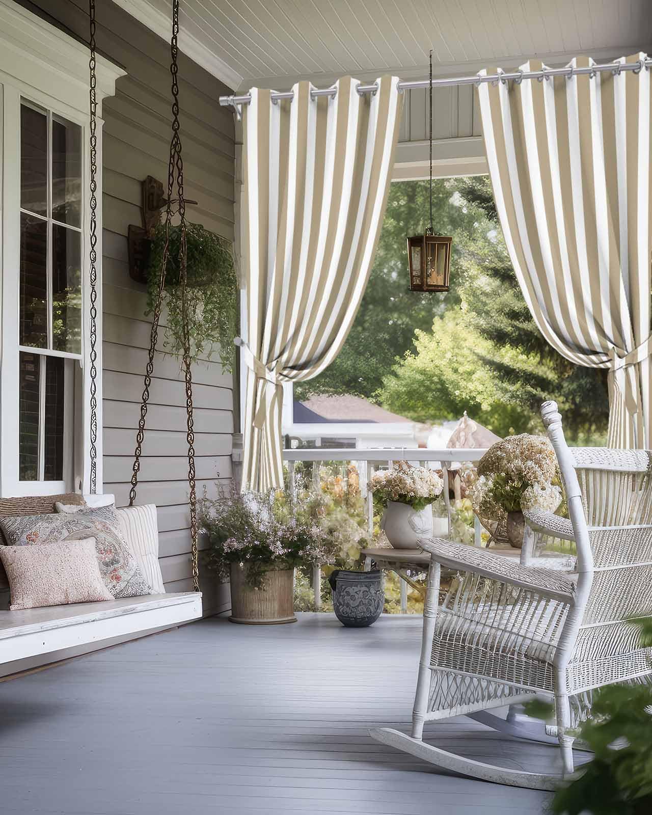 Outdoor Curtains for Patio Waterproof Stripe Indoor/Outdoor Curtain Tiebacks Khaki White Stripes Privacy Curtain Sun Blocking Farmhouse Grommet Drapes for Pergolas Gazebo Porch Balcony 2 Panel 54x84