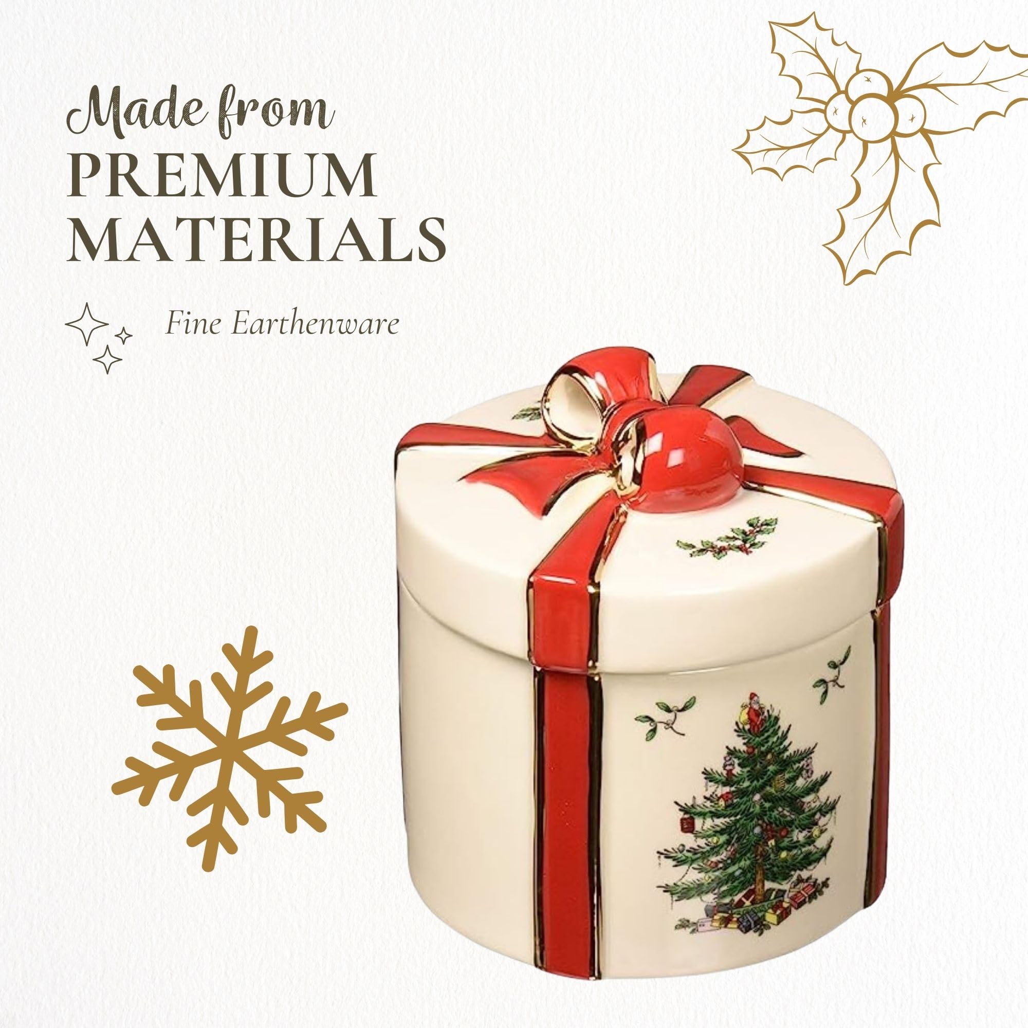 Spode Christmas Tree Gift Box Figurine, 4" Christmas Centerpiece with Red Ribbon & Gold Trim - Fine Earthenware for Holiday Home Decor, Festive Table Collectible & Winter (Small)