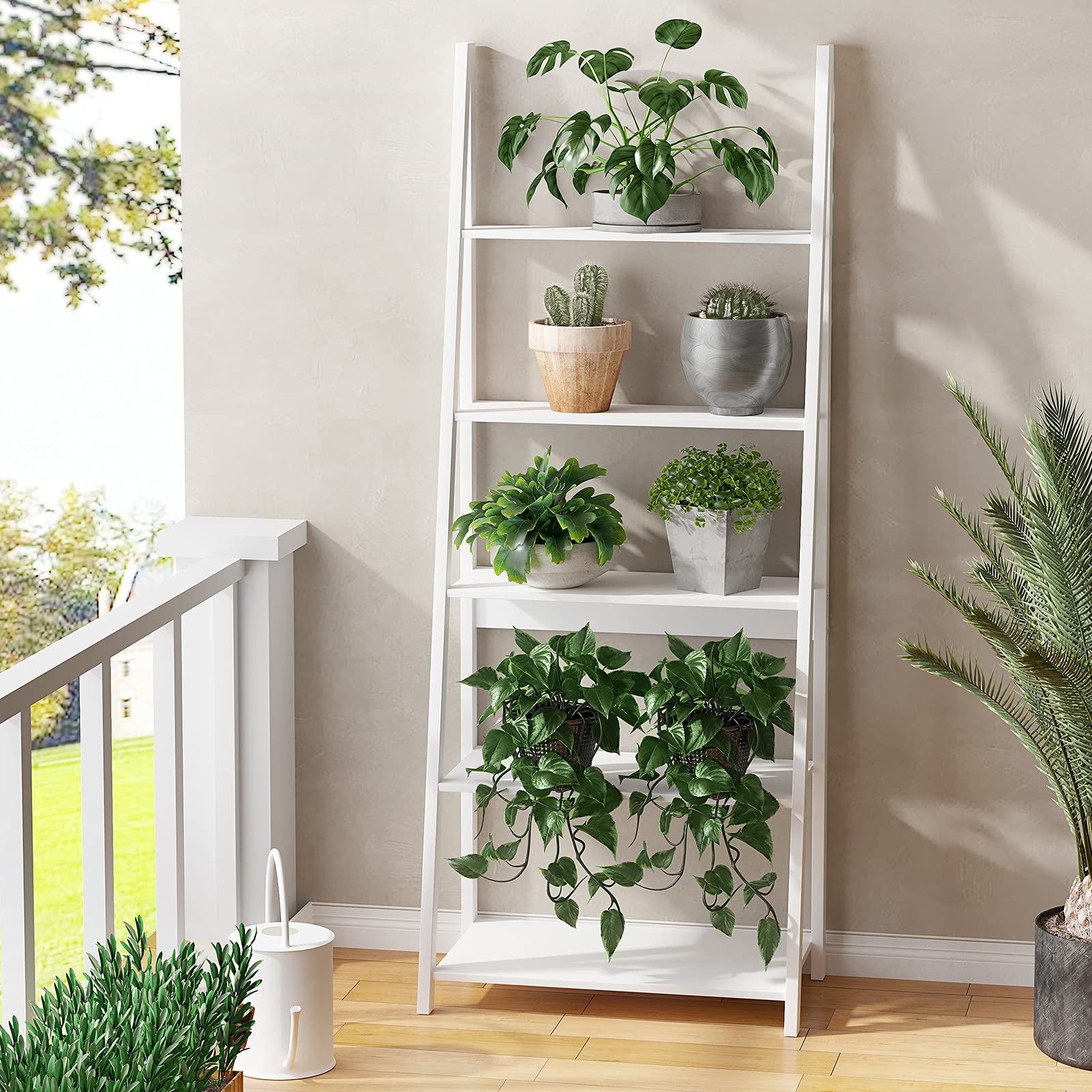 EPHEX 5-Tier Ladder Shelf Bookcase, Leaning Bookshelf, Wooden Frame Decor Modern Bookshelf Storage, Flower Shelf Plant Display Shelf for Home Office (Brown)