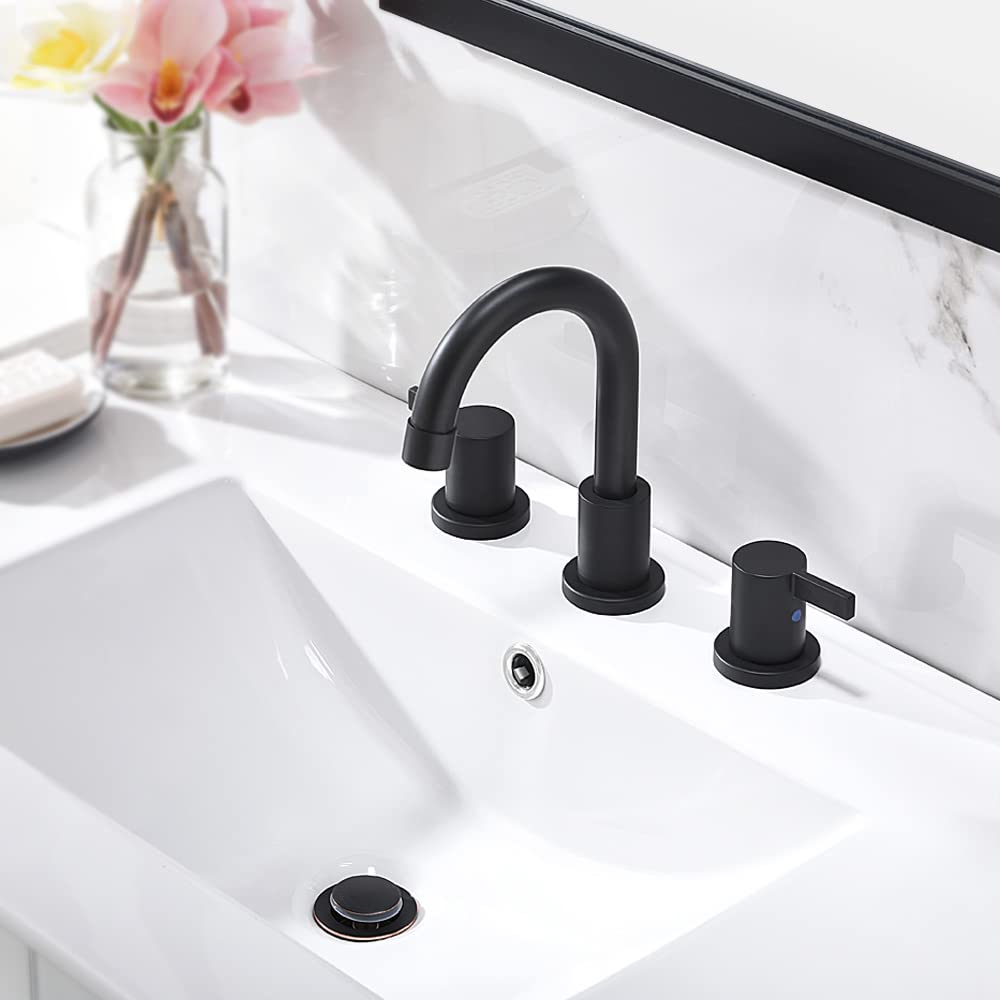 Phiestina 8 Inch 3-Hole Low-Arch 2-Handle Widespread Bathroom Faucet with Valve and Metal Pop-Up Drain Assembly,Matte Black, WF15-1-MB