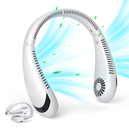 SKD RV Tech Portable Neck Fan, 5000mAh Foldable Personal Fan, Up to 12 Hours Hands-Free Bladeless Fan, Adjustable Portable Fan with USB Charging 3 Speeds for Kitchen, Office, Outdoor - White
