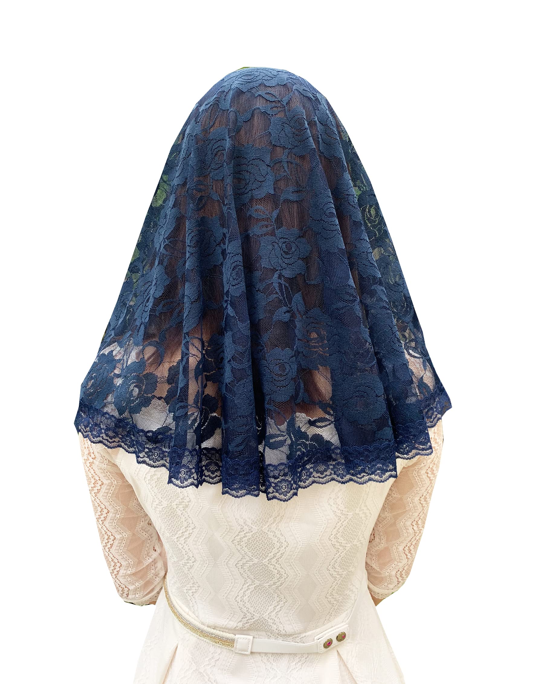 Grettytling Lace Mantilla Veil Soft and comfortable 7 Colors Spanish Style Rose Lace Veil Head Covering D Shape ，Navy