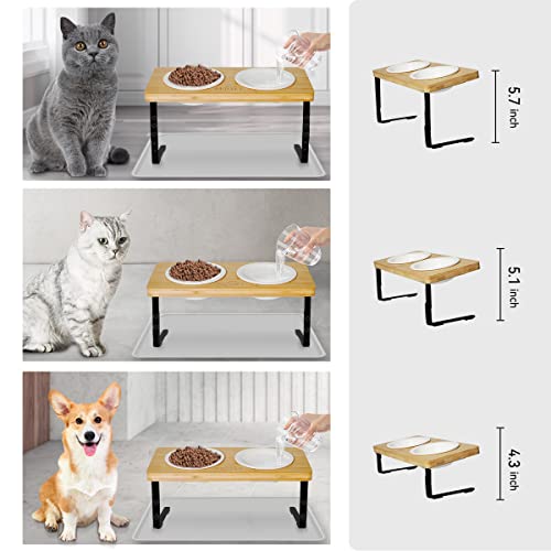 PEJOYT Elevated Cat Ceramic Bowls - Adjustable Tilted Bamboo Raised Dog Bowls for Small Dogs Pet Food and Water Dish Feeder with Stand