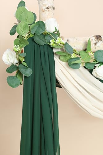 SHERWAY 2 Panels Chiffon Fabric Drapery Wedding Arch Drapes, Party Backdrop Curtain Panels, Ceremony Reception Swag Decoration (27 x 216 Inch, Hunter Green & Ivory)