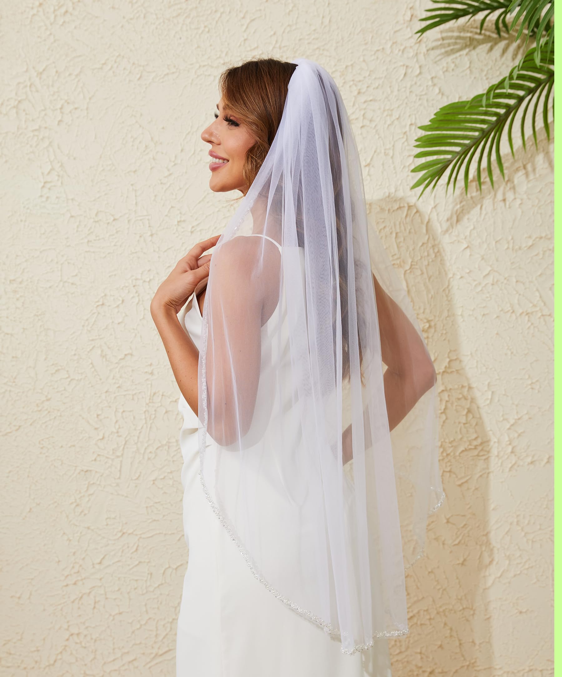 Grettytling Wedding Veil Pearls and Crystals Beaded Edge 1 Tier Fingertip Length Bridal Veil9(White)