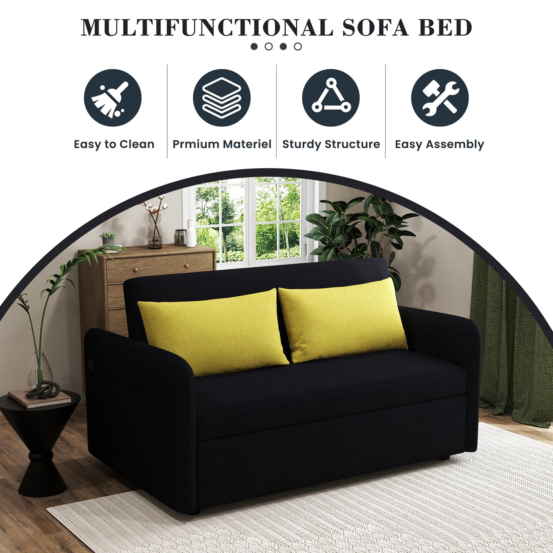 SumKea Loveseat Sleeper, Velvet Convertible Futon Bed, with Adjustable Backrest, Pillows, Pockets for Living Room, Apartment, 3-in-1 55.8", Blue