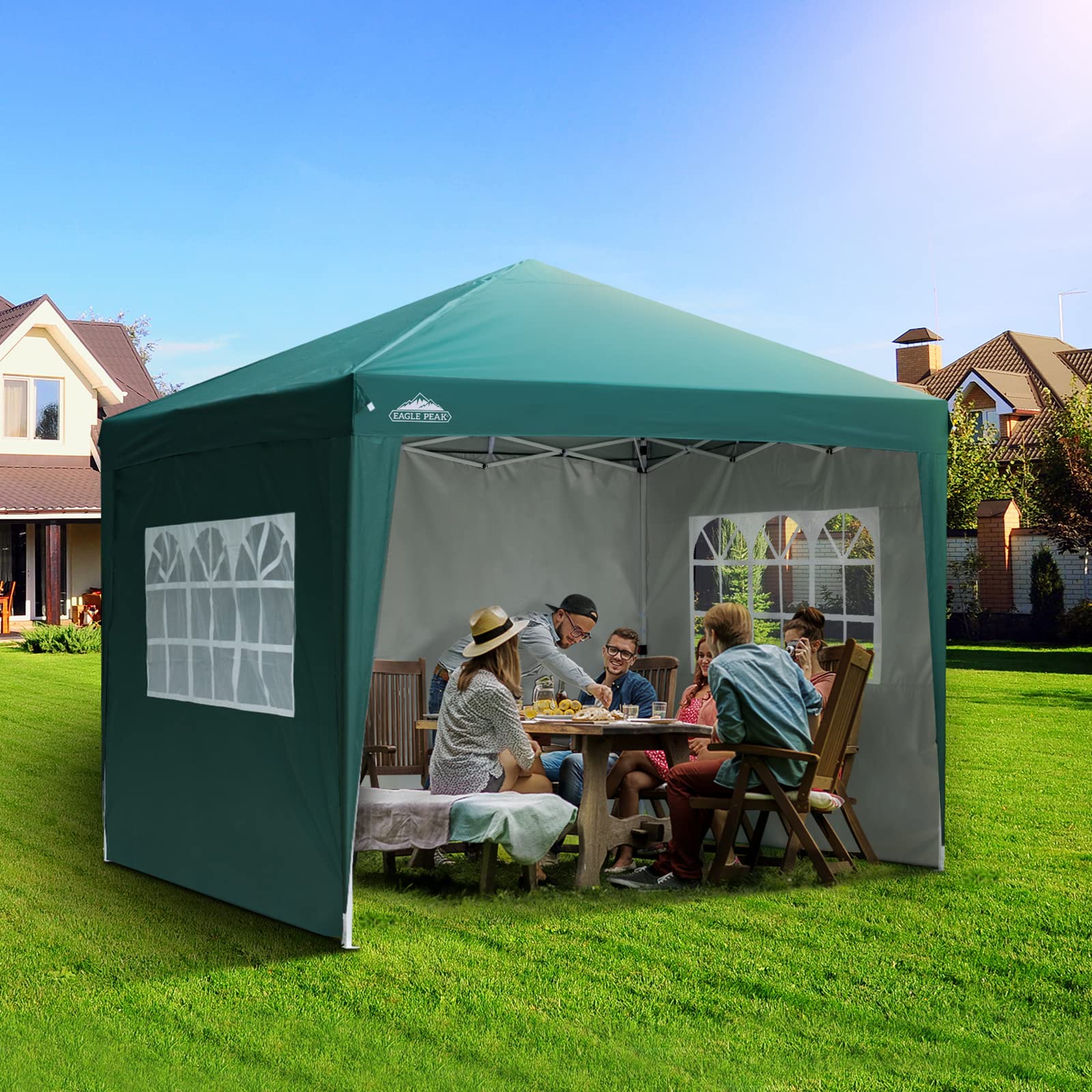 EAGLE PEAK 10x10 Pop Up Canopy Tent with 4 Side Walls, Easy Set up Shelter with 100 Square Feet of Shade, Green
