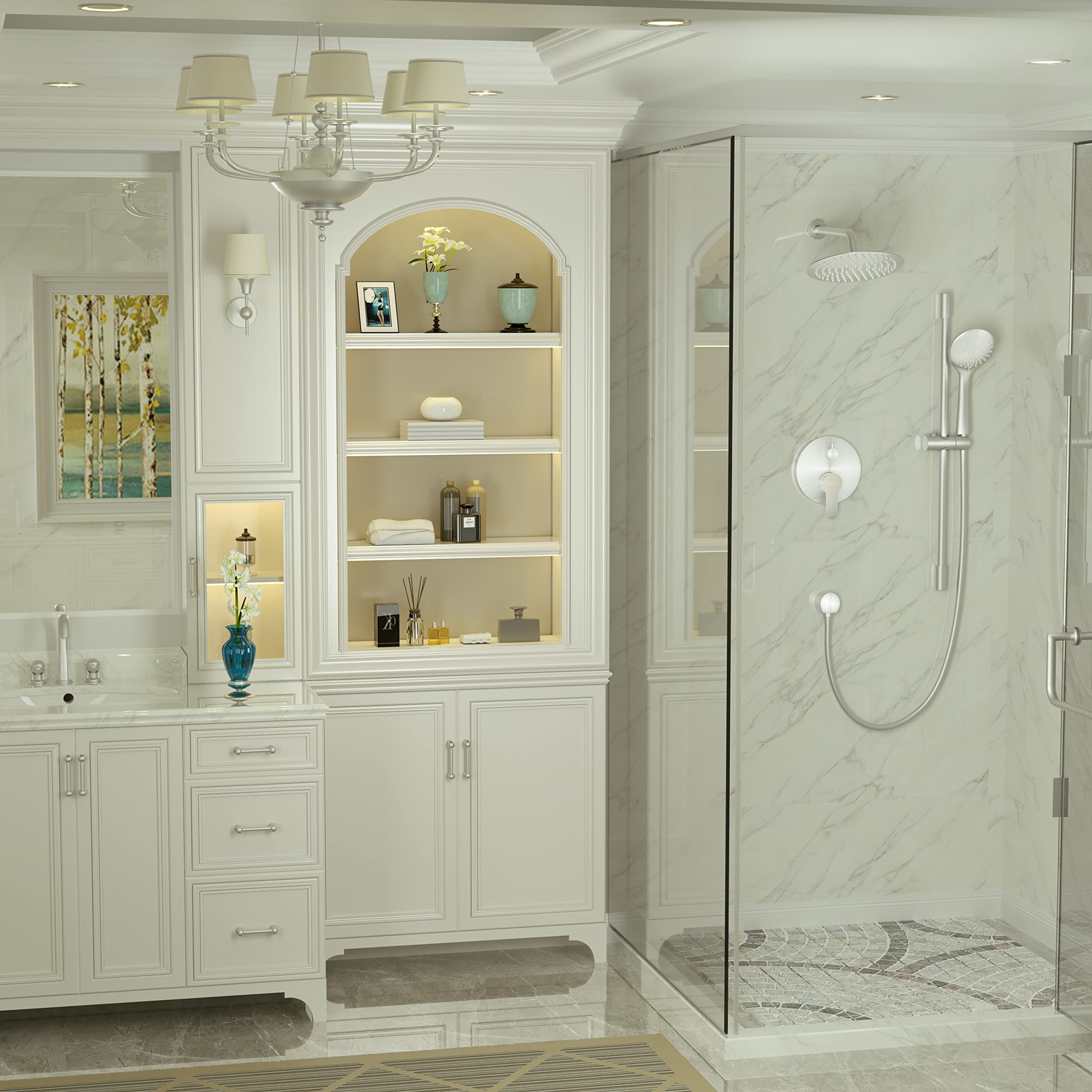 Gabrylly Brushed Nickel Shower System, Wall Mounted Slide Bar Shower Faucet Set Complete,15“ Grab Bar Handle,Brushed Nickel