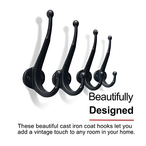 NACH Modern Double Prong Wall Hooks - Heavy Duty Decorative Black Hooks for Mudroom, Coat & Hat Rack, Towel Racks for Bathroom - Wall Mount Cast Iron Hooks - 4 Pack, 1.8x2.0x5.0 in, KE-NH-898