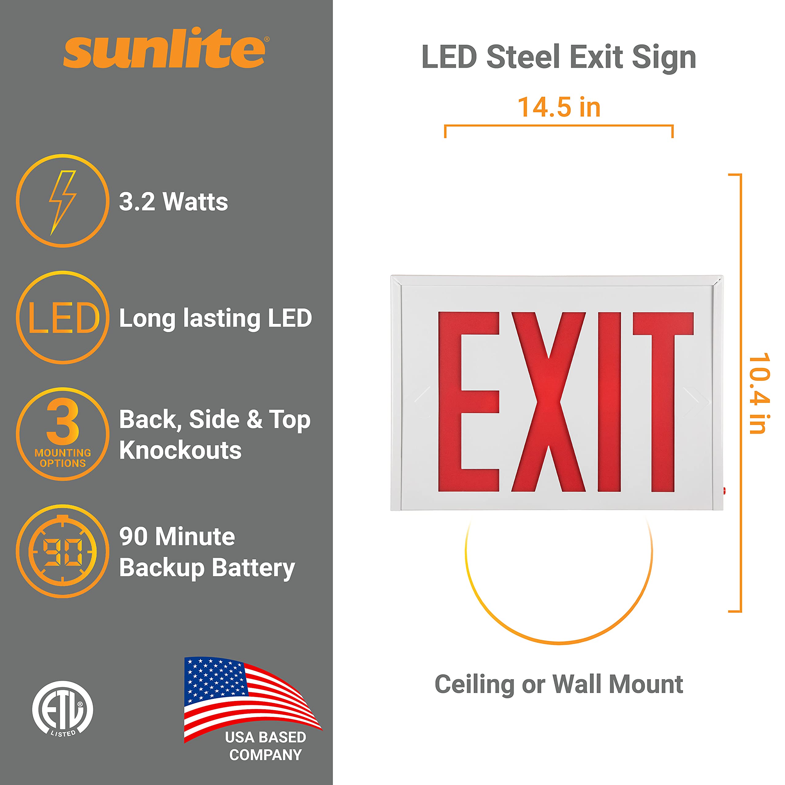 Sunlite 05276 LED Steel Exit Sign, White Housing with Bright Red Lettering, 90-Minute Battery Power Back-Up, Dual Voltage 120-277V, Ceiling or Wall Mount, Long Lasting, Fire Safety, NYC Compliant