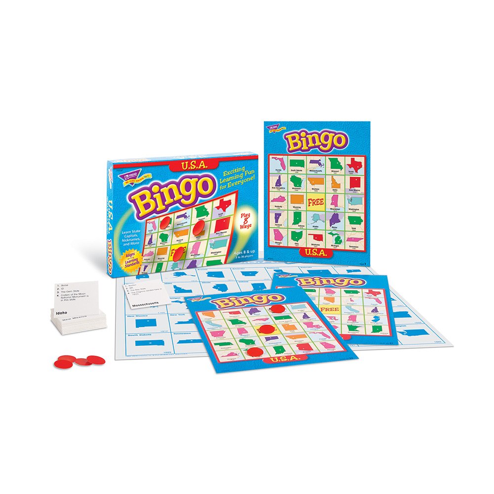 Trend Enterprises: U.S.A. Bingo Game, Exciting Way for Everyone to Learn, Play 8 Different Ways, Learn State Capitals, Nicknames & More, Great for Classrooms and at Home, 2 to 36 Players, for Ages 8+