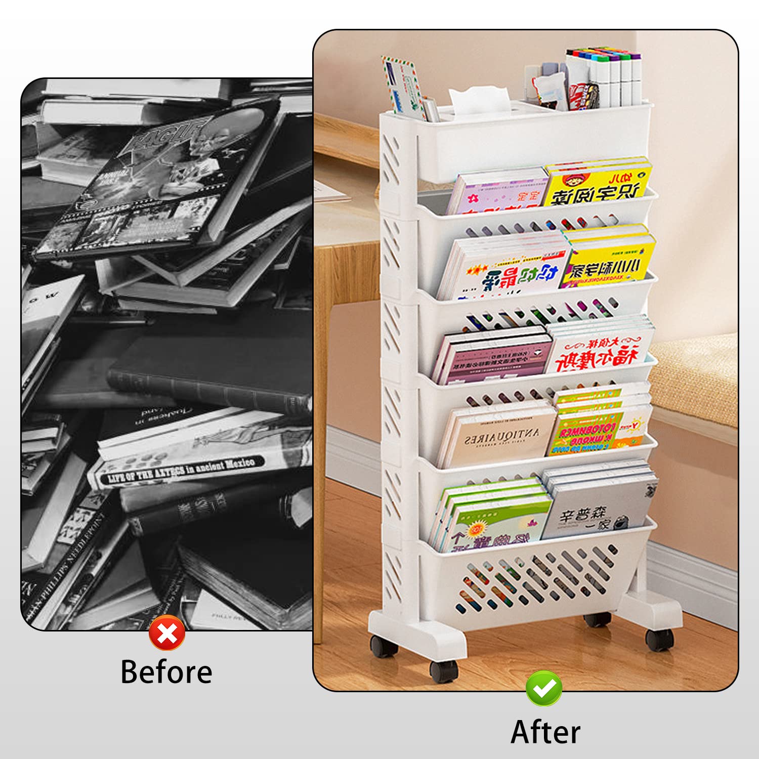 FIROK 5 Tier Rolling File Cart,Utility cart with Wheels Classroom Deskside Book Shelf for Students,Teachers,Documents Organizers and Storage Bookshelf for Classroom,Library