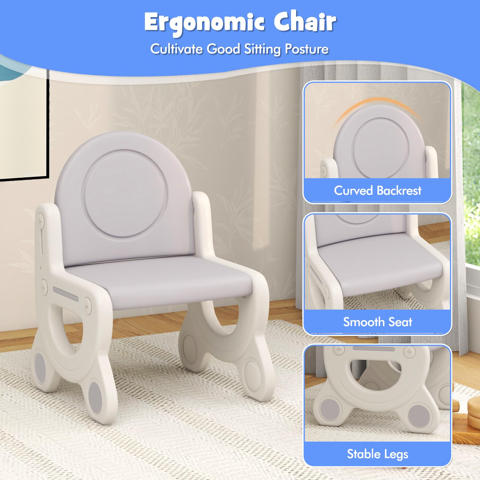 HONEY JOY Kids Table and Chair Set, Plastic Children Activity Table and Chair w/Graffiti Desktop, Storage, Markers & Eraser, Toddler Table and Chair Set for Daycare Playroom Classroom (Gray)