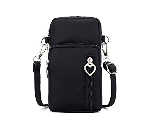 Women Nylon Cell Phone Purse Wallet Pouch Mini Crossbody Shoulder Bag Zip Handbag with Card Pocket (Black)