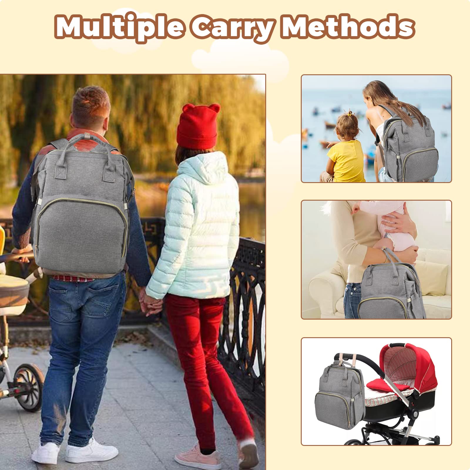 Hiyibo Diaper Bag Backpack with Changing Station, Large Capacity Multifunction Baby Bag with Portable Changing Pad, Waterproof Travel diaper bag with Stroller Straps, Baby Registry Search(Grey)