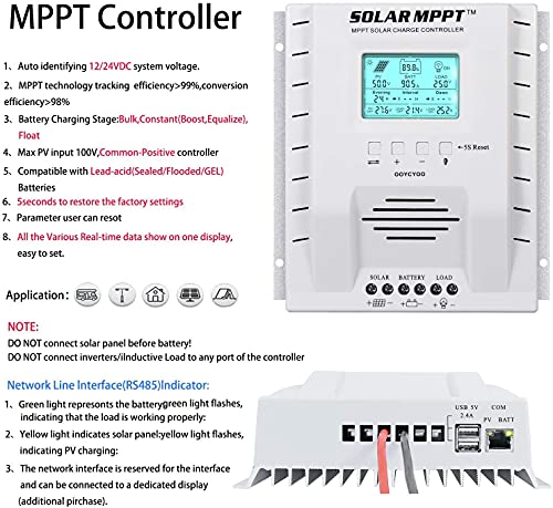 First Solar MPPT Charge Controller 40 amp, 12V 24V Auto 40A Solar Panel Charge Regulator, Max 100V Input with LCD Display for Lead-Acid Sealed Gel AGM Flooded Lithium Battery(MPPT 40A)