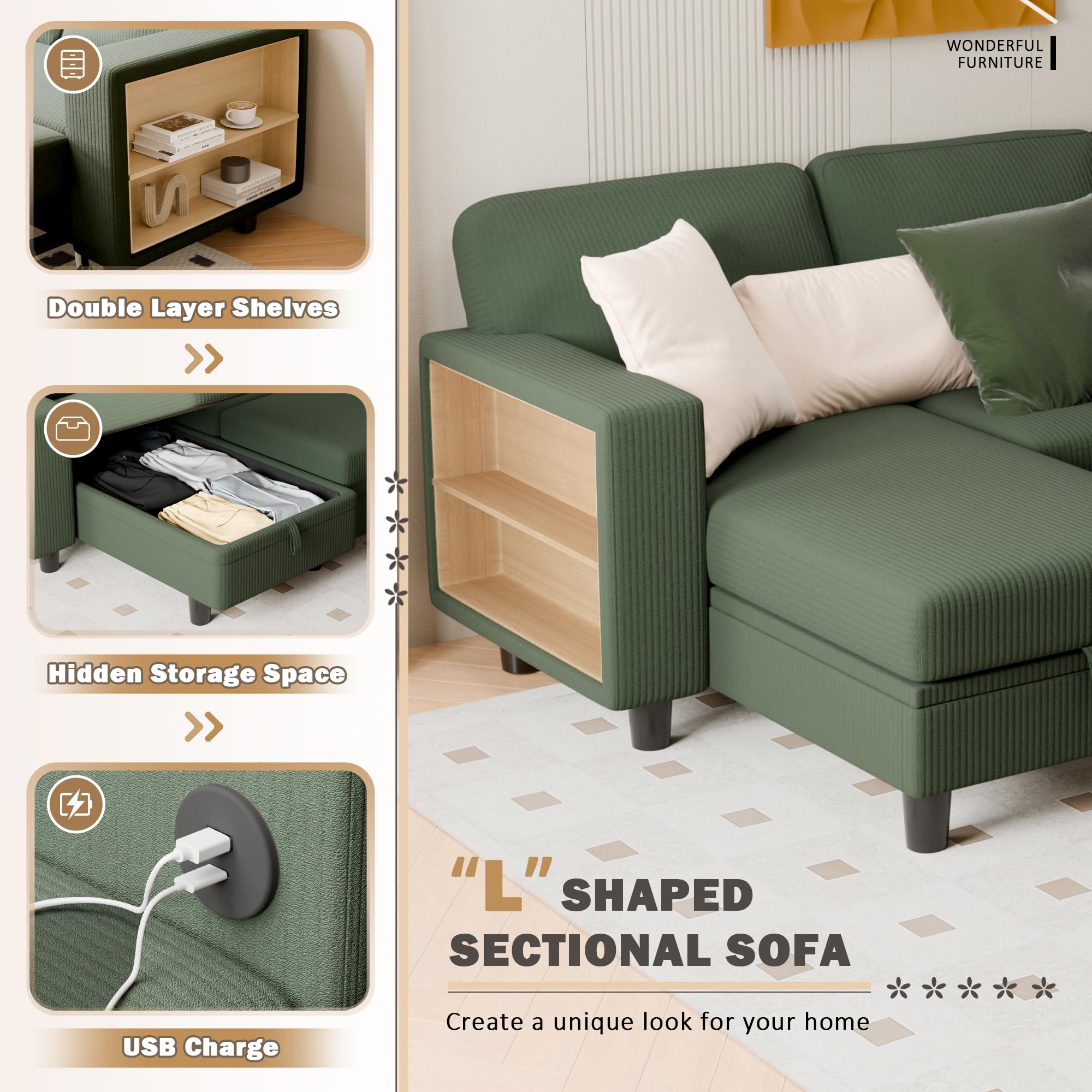 JUMMICO 80″ Sleeper Sofa Bed, 2-in-1 L Shaped Sectional Couch with Storage Chaise, USB Charging Ports & 2 Built-in Bookshelves, Pull Out Couch for Living Room, Apartment, Small Space