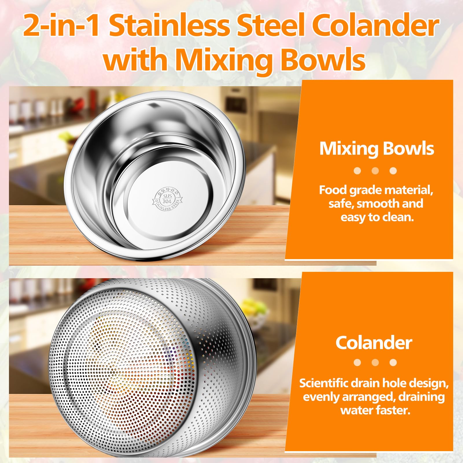 JSCARES 304-Stainless-Steel Colander with Mixing Bowls, 2-Quart Large Capacity, Metal Strainer Set Microporous Colander for Washing & Draining Rice, Fruit, Vegetables, Noodle, Cooked pasta(2PC)