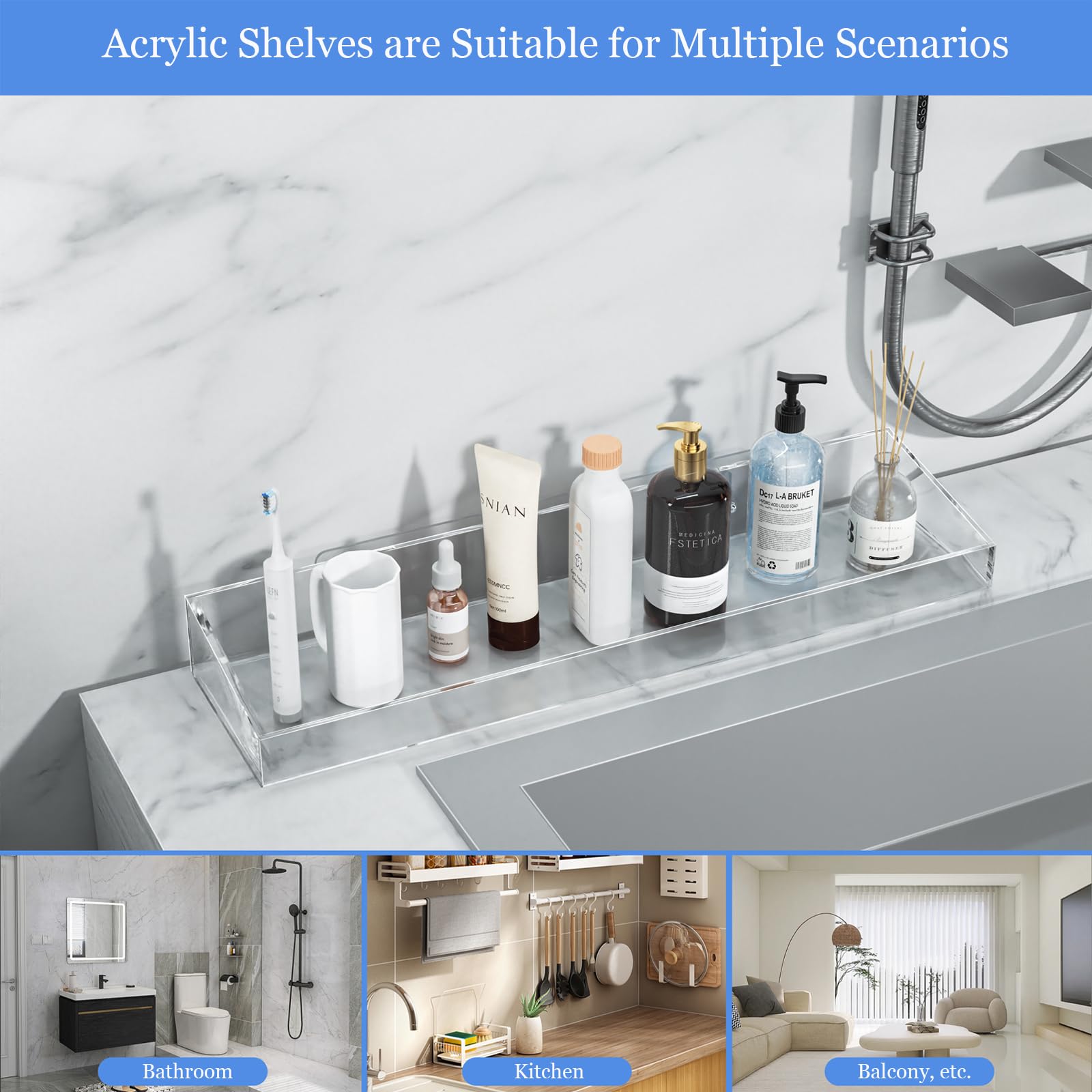 KATASKI Acrylic Bathroom Shelves,15.7inch Acrylic Shelf Transparent Wall Mounted,No-Drill Thick Clear Storage and Display Shelf, Floating Shelves.Transparent 2 Pack