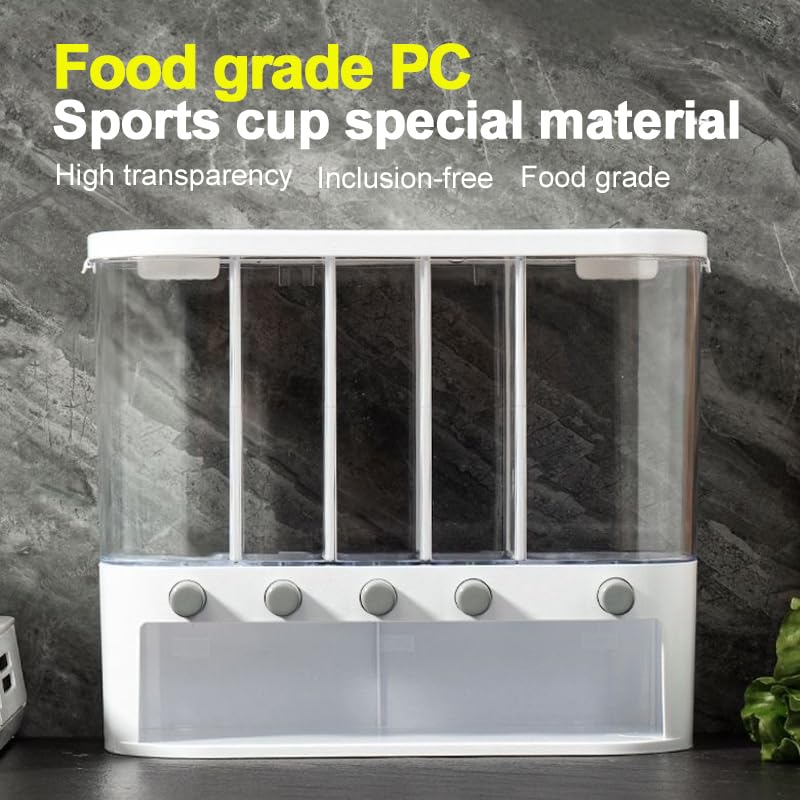 Frelacy Rice dispenser with a capacity of 25 pounds,Wall mounted 5 Grid Dry Food Dispenser work with solid seeds and grains.for rice, mung beans, red beans, lentils