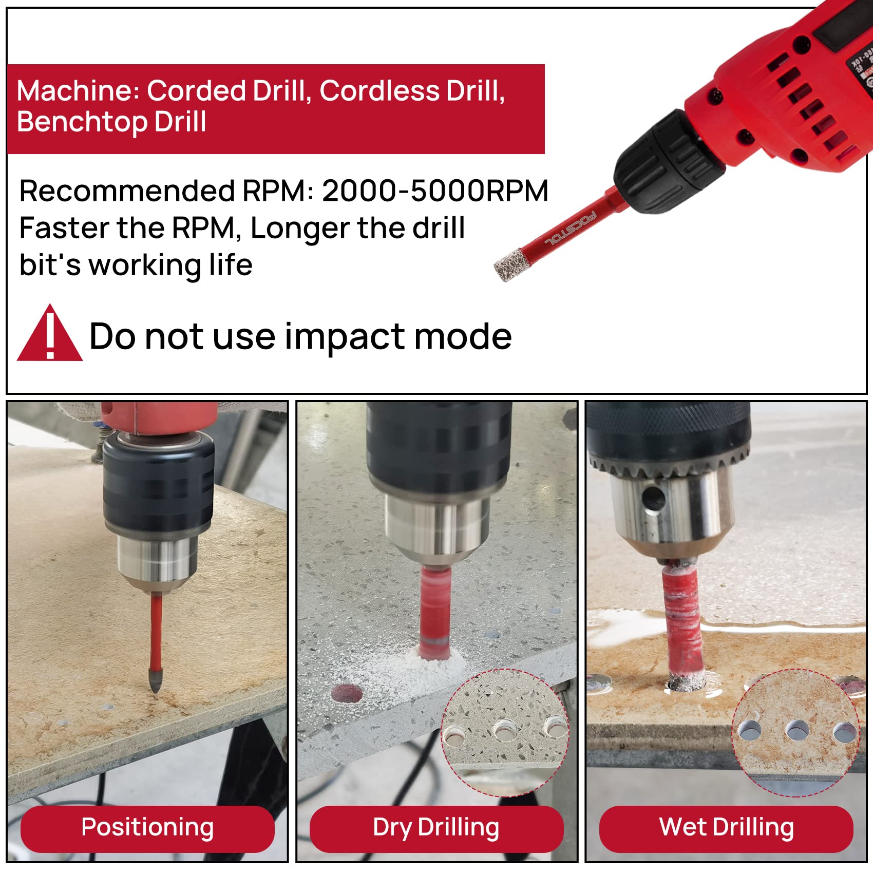 Dry Diamond Drill Bits Set - FOCSTOL 4pcs 6/8/10/12mm Diamond Hole Saw & 1pc 6mm Carbide Drill with Quick Change Hex Shank for Ceramic Porcelain Tile Marble Granite Quartz