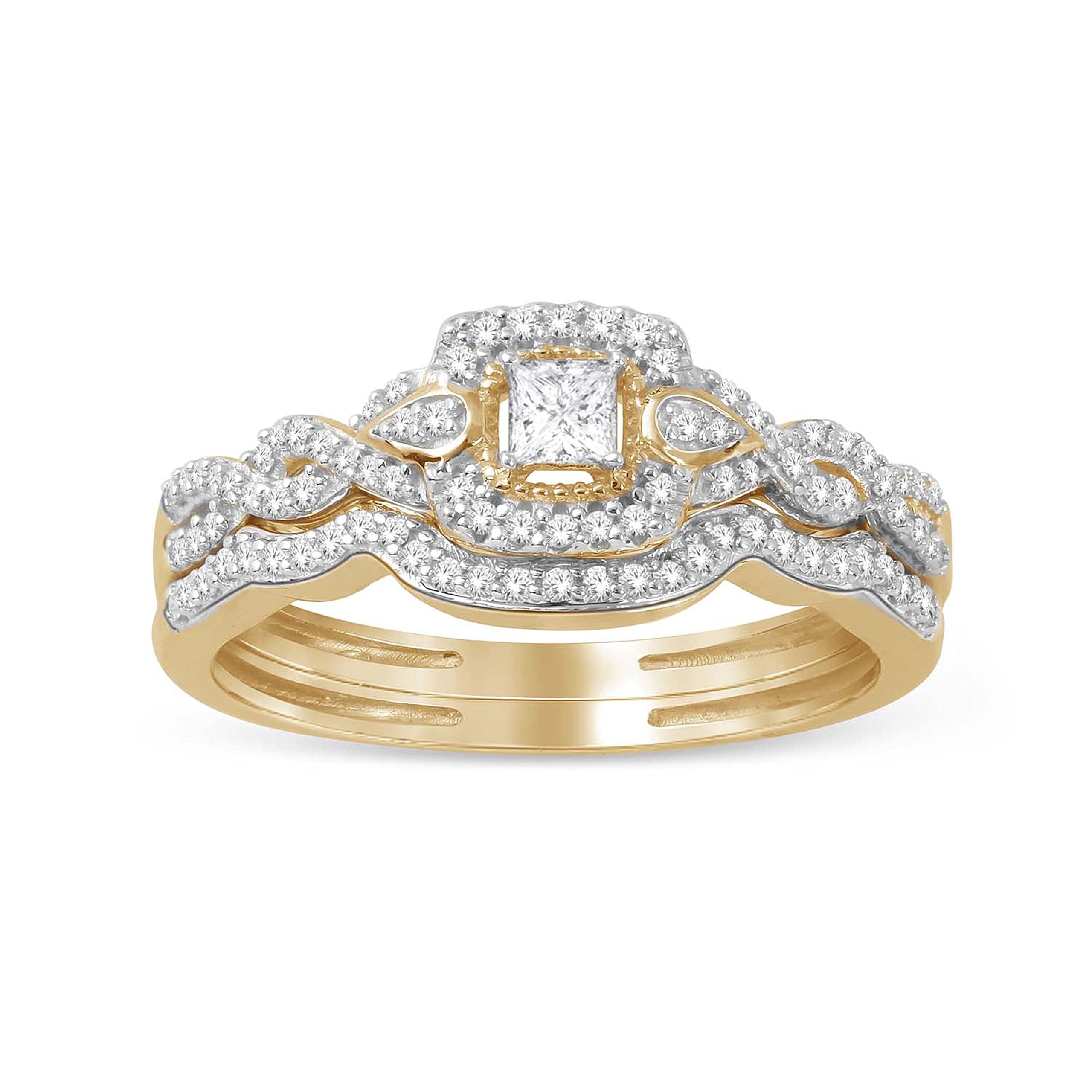 DZON 10k Yellow Gold 1/3CT TDW Diamond Halo Princess-Cut Engagement Ring Set Love Gift for Women (I-J,I2)