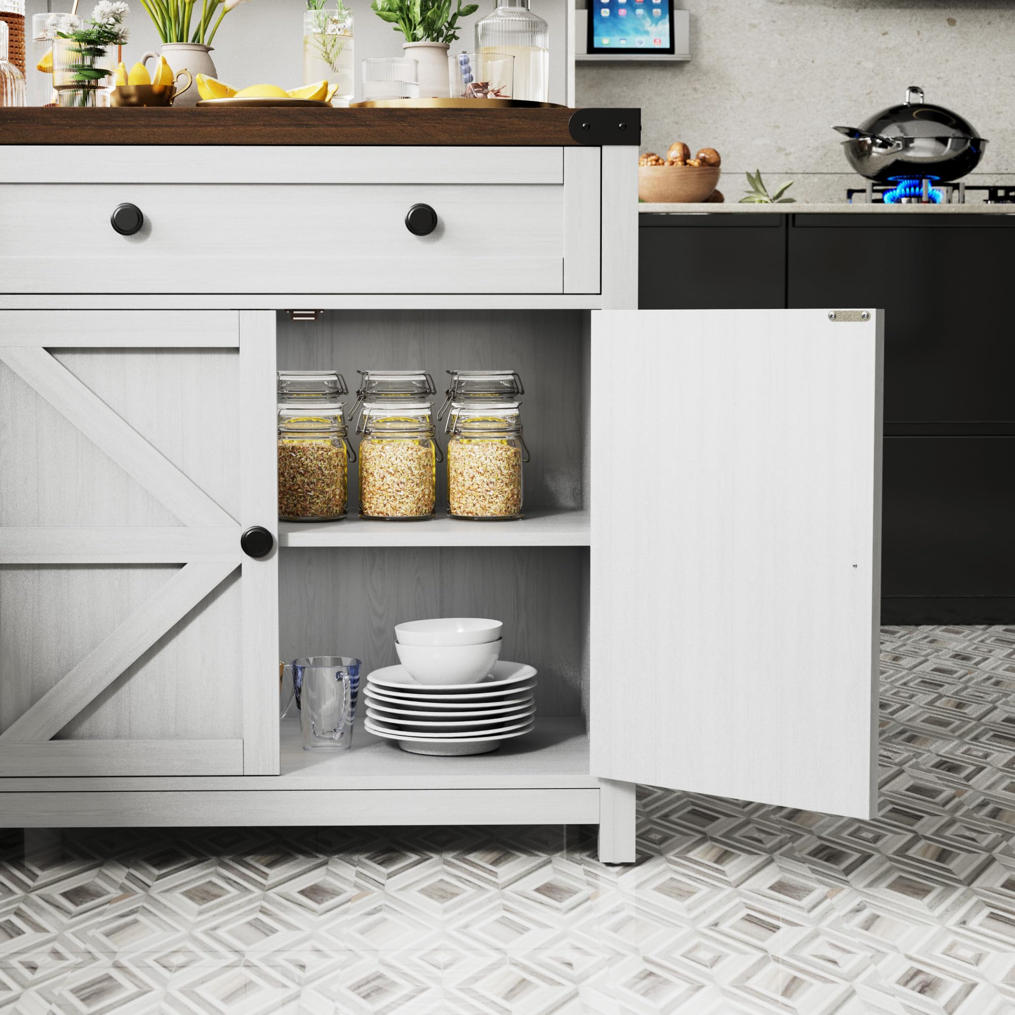 JUMMICO Coffee Bar Cabinet Farmhouse Kitchen Sideboard Buffet Cabinet with Drawer and Adjustable Shelf Barn Door Storage Cabinet for Kitchen, Dining Room, Bathroom, Entryway(White)